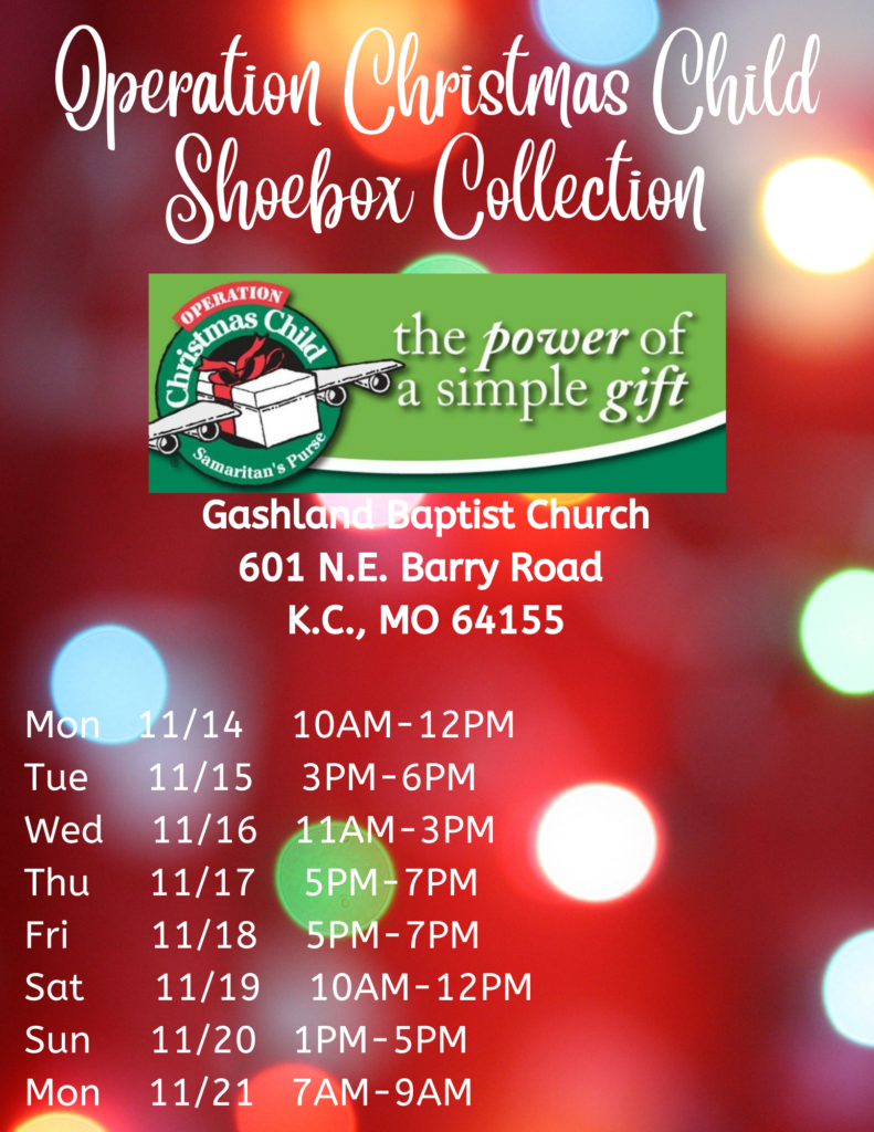 Operation Christmas Child Shoebox Collection - Gashland Baptist Church ...